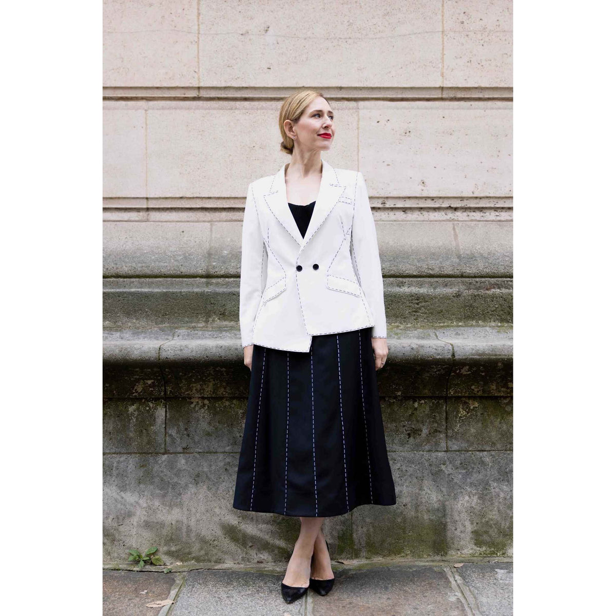 White and Black Reverse Stitch Asymmetrical Jacket – Bonne Chance